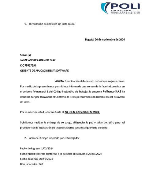 Entrega 2 Derecho Laboral Terminación De Contrato Sin Justa Causa
