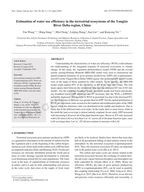 Pdf Estimation Of Water Use Efficiency In The Terrestrial Ecosystems Of The Yangtze River