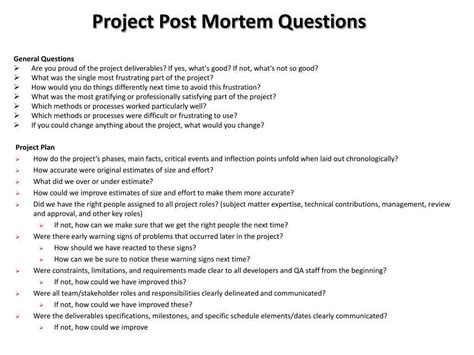 Ppt Project Post Mortem Questions Powerpoint Presentation Regarding