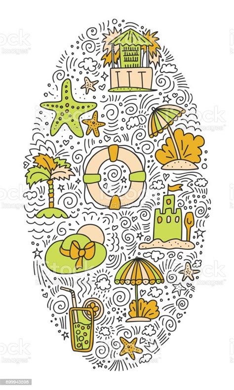 여름 및 비치 손 아이콘 개념을 그립니다 여행 만화 장식 요소와 함께 Ellipce 형태로 여름 아이콘 모음 코코넛 보트 모래 아이스크림 요소를 서핑 행복 한 여름 휴가