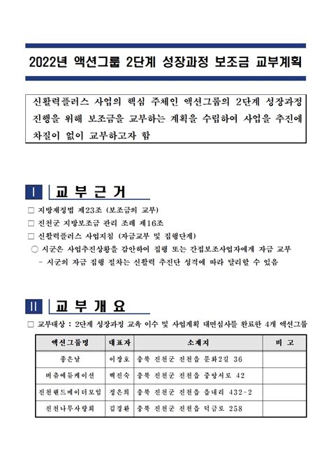 2022년 액션그룹 2단계 성장과정 사업비 교부계획 알림 진천통합중간지원센터