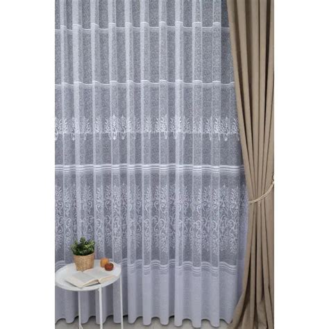 Тюль жакард білий з імітованою вишивкою та смугами T874w