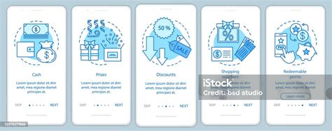 선형 개념으로 모바일 앱 페이지 화면에 온보딩 추천 보상 연습 단계 그래픽 지침입니다 현금 상품 할인 Ux Ui 그림이 있는 Gui 벡터 템플릿 인센티브에 대한 스톡 벡터