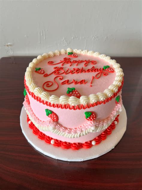White Pink And Red Frilly Birthday Cake With Little Strawberries Adrienne And In 2024