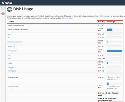 how to check disk space usage folder size in cpanel joomla and