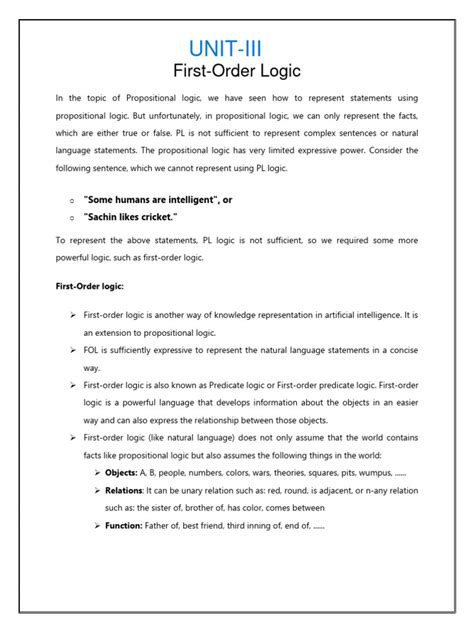 3 iai unit iii first order logic pdf first order logic