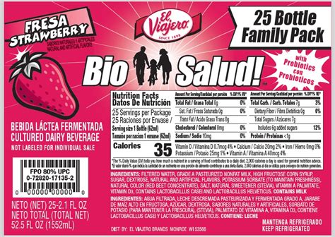 El Viajero Bio Salud Strawberry Cultured Dairy Beverage 2 1 Fl Oz 25