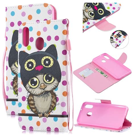 삼성 갤럭시 M20 컬러 드로잉 패턴 크로스 텍스처 수평 플립 Pu 가죽 케이스 홀더 및 카드 슬롯 및 지갑 도트 올빼미