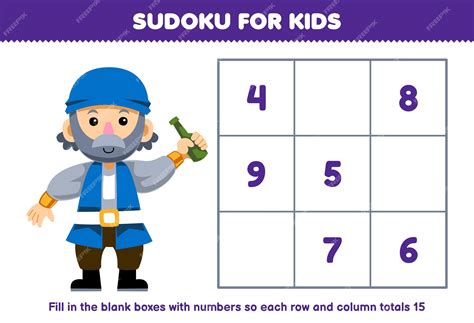 아이들을 위한 수도쿠 번호 만화 도움이 파란 옷을 입은 ⁇ 은이 상자를 채우 인쇄 가능한 해적 워크시트 프리미엄 벡터