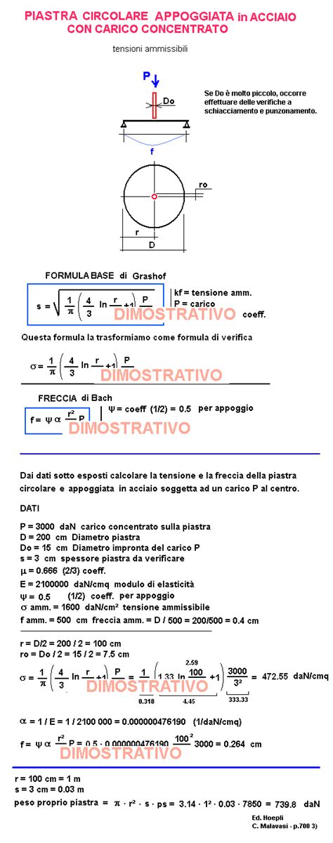 Calcolo Spessore Piastra Circolare In Acciaio Appoggiata Con Carico Centrato P Metodo Bach