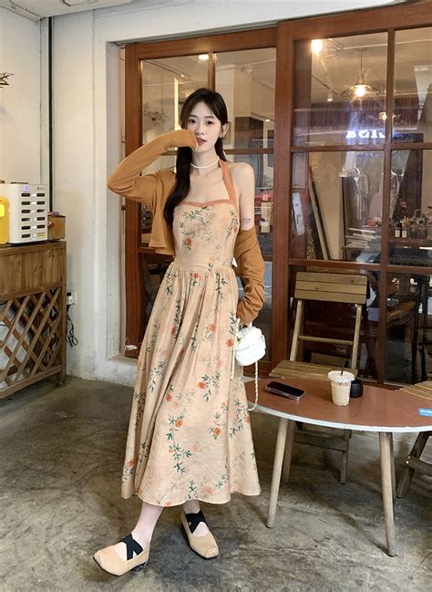 빈티지 오렌지 플라워 원피스볼레로 Set 유니크 홀터 스퀘어 넥 하이 웨스트 A 라인 린넨 플레어 롱 미디 스커트 치마