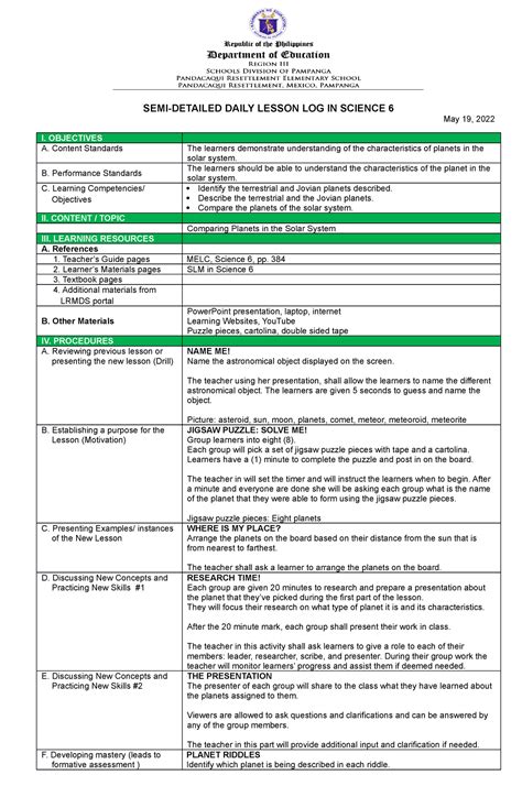 Trf Objective 9 Prompt 2 Dlpscience 6 Semi Detailed Daily Lesson Log
