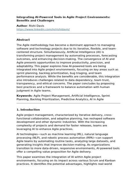 Integrating Ai Powered Tools In Agile Project Environments Benefits And Challenges Pdf