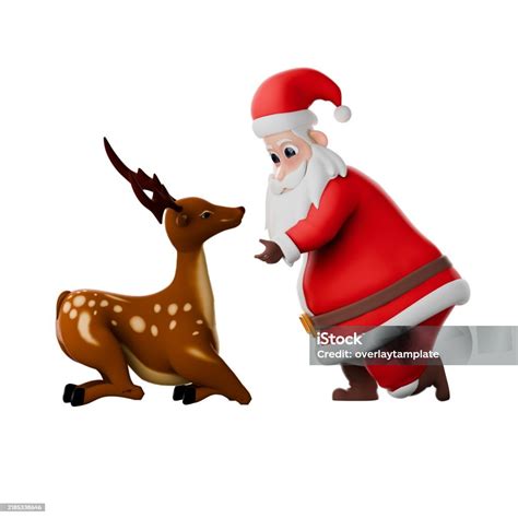 3d 크리스마스 산타 만화 캐릭터 산타클로스 남자가 순록을 만지려는 듯 순록을 앞에 두고 몸을 굽힌다 휴일 디자인 모델 사람들에