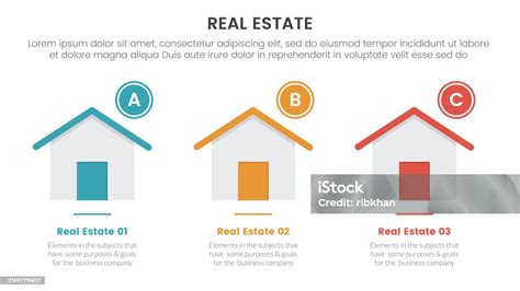 부동산 부동산 Infographic 템플릿 슬라이더 프리젠 테이션에 대 한 3 점 목록 정보가 있는 수평 균형 오른쪽 방향이