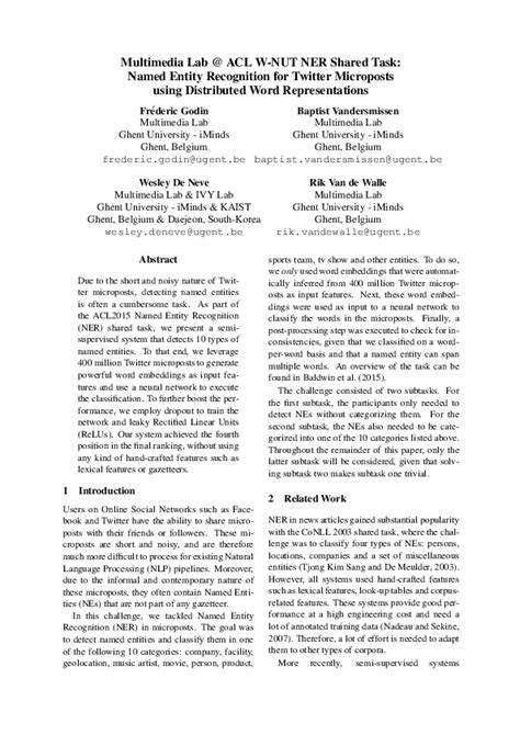 Pdf Multimedia Lab Acl W Nut Ner Shared Task Named Entity