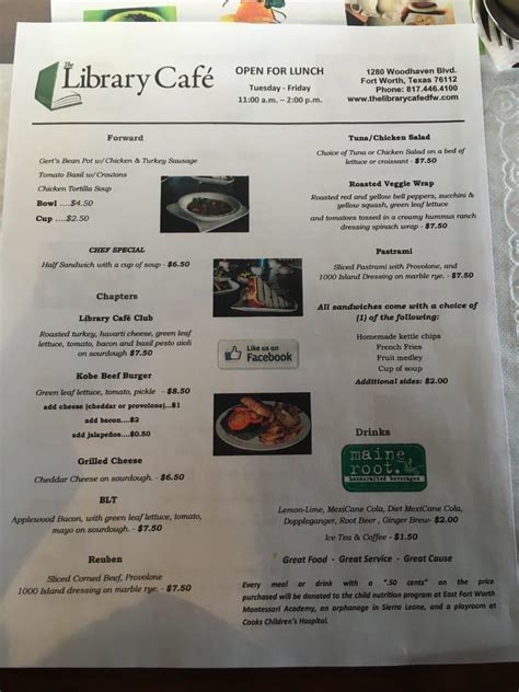 Menu At The Library Cafe Fort Worth