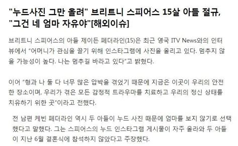 누드사진 그만 올려 브리트니 스피어스 15살 아들 절규