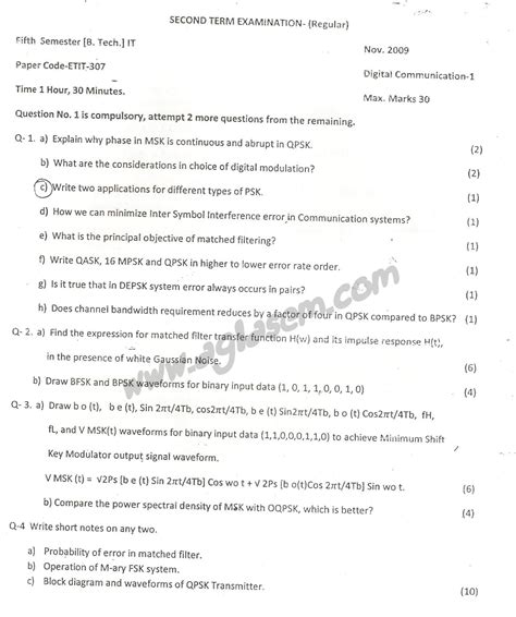 Ggsipu Question Papers Fifth Semester Second Term 2009 Etit 307 Aglasem Institutes