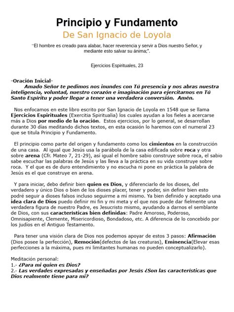 Principio Y Fundamento Ejericios Espirituales San Ignacio