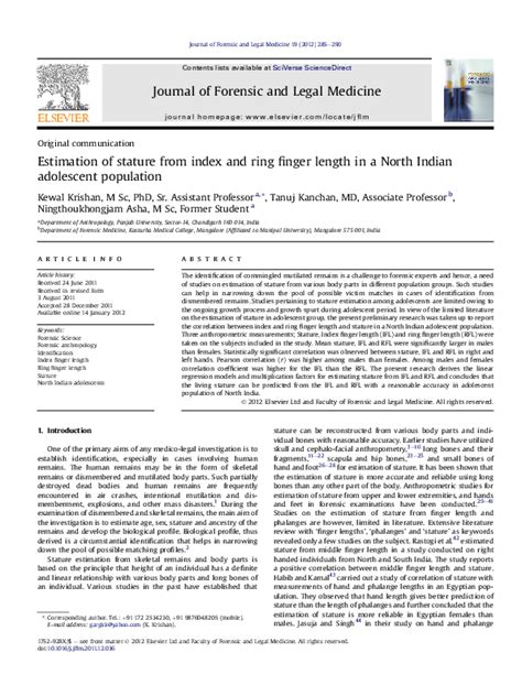Pdf Estimation Of Stature From Index And Ring Finger Length In A North Indian Adolescent