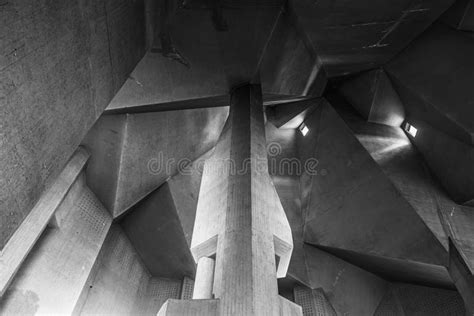 Detail Of Rough Raw Concrete Ceiling With Abstract Geometric Patterns Of Brutalist Architecture