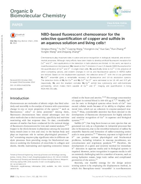 Pdf Nbd Based Fluorescent Chemosensor For The Selective Quantification Of Copper And Sulfide