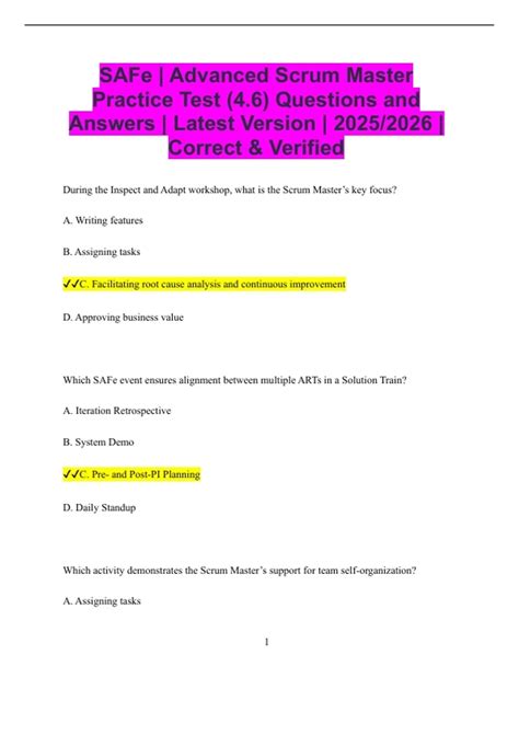 Safe Advanced Scrum Master Practice Test 4 6 Questions And Answers Latest Version 2025