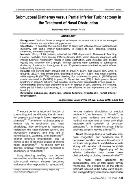Pdf Submucosal Diathermy Versus Partial Inferior Turbinectomy In The Treatment Of Nasal
