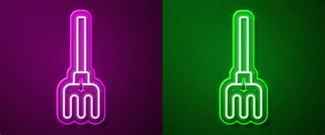 보라색과 녹색 배경에 고립 된 빛나는 네온 라인 정원 레이크 아이콘 원예 농업 농업을위한 도구 지상 재배자 벡터 일러스트레이션 가을에 대한 스톡 벡터 아트 및 기타 이미지