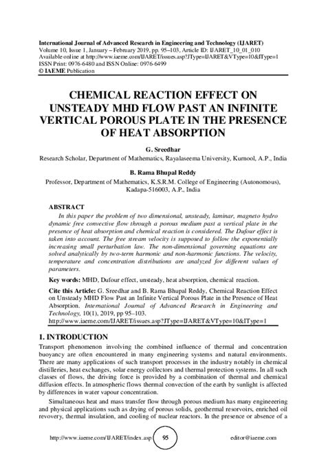 Pdf Chemical Reaction Effect On Unsteady Mhd Flow Past An Infinite Vertical Porous Plate In