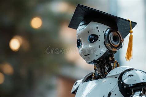 Humanoid Robot Wearing A Graduation Cap Represents The Future Of