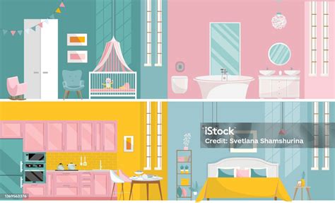 침실 욕실 보육원 부엌 평면 만화 디자인 객실 인테리어 세트 아늑한 홈 내부 개념 창문과 가구가 있는 아파트 집 호텔 장비 벡터