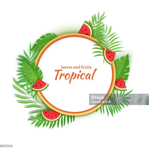 흰색 둥근 스티커 슬라이스 수박과 정글 잎 종이 컷 디자인 흰색 배경에 격리 된 광고 또는 인사말 텍스트를 판매하는 장소와 벡터 카드 그림 0명에 대한 스톡 벡터 아트 및