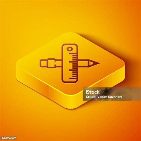 주황색 배경에 격리된 등색 선 교차 눈금자와 연필 아이콘 스트레이트 엣지 기호입니다 드로잉 및 교육 도구 노란색 정사각형 버튼입니다 벡터 일러스트레이션 3차원 형태에 대한