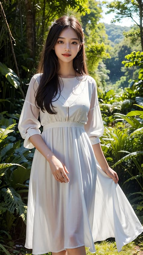 숲 속에 서 있는 하얀 드레스를 입은 여자 Seaart Ai