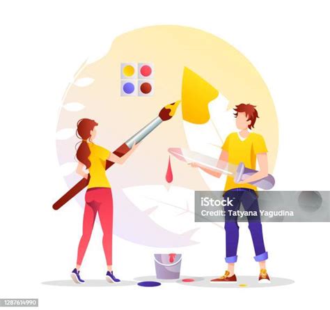 브러쉬와 안약으로 그림을 그리는 사람들 디지털 아티스트 및 일러스트레이터 페인팅 창의성 취미 개념 개념에 대한 스톡 벡터 아트 및 기타 이미지 Istock