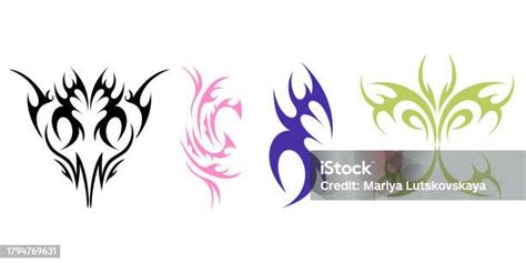 Y2k 문신 고딕 소녀 부족 추상 장식품 블랙과 유독 한 색상의 실루엣 현대 복고풍 스티커 1990년대 2000년대 미술 사이버 Sigilism 스타일 이모 고딕 벡터