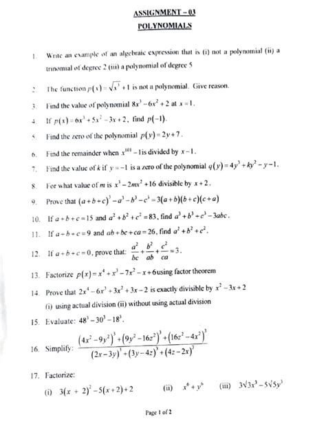 Polynomials Assignment Pdf