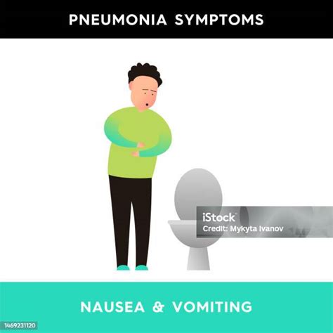 화장실 근처에 서서 배에 손을 대고 있는 남자의 벡터 그림 그 사람은 메스꺼움을 경험합니다 폐렴 증상 의료 기사 포스터에 대 한 그림입니다 건강관리와 의술에 대한 스톡 벡터
