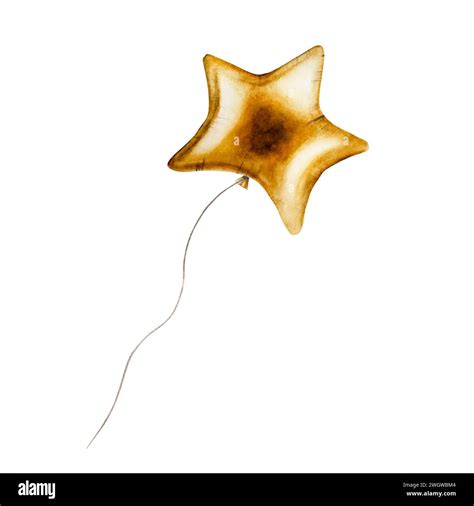 Watercolor Golden Foil Star Balloon On A Strings Hand Drawn Birthday