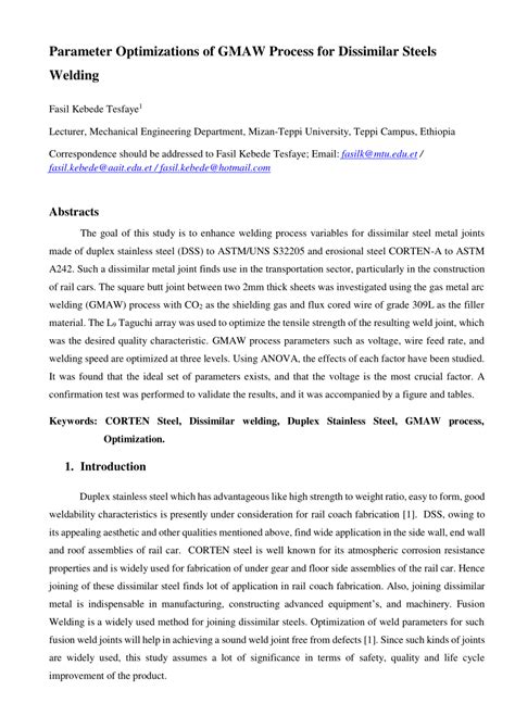 Pdf Parameter Optimization Of Gas Metal Arc Welding Process For Welding Dissimilar Steels