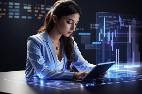Software Coding Hologram And Woman Analyzing Data On Tablet Premium Ai Generated Image