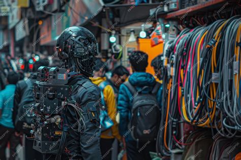 Premium Photo Futuristic Robot Exploring An Urban Market