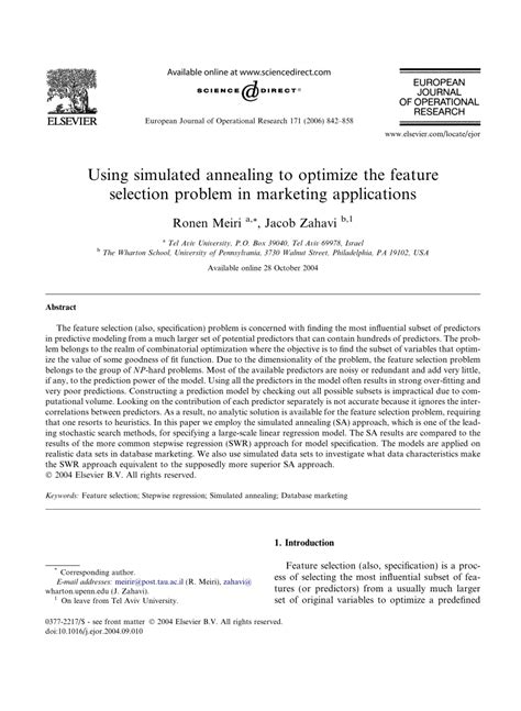 Pdf Using Simulated Annealing To Optimize Feature Selection Problem