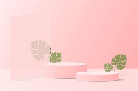 핑크 파스텔 색상의 스튜디오 룸에서 최소한의 장면 현실적인 3d 핑크 실린더 연단 받침대는 열대 야자수 잎과 직사각형 유리
