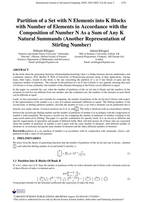 Pdf Partition Of A Set With N Elements Into K Blocks With Number Of