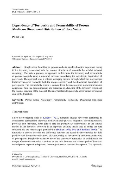 Pdf Dependency Of Tortuosity And Permeability Of Porous Media On Directional Distribution Of