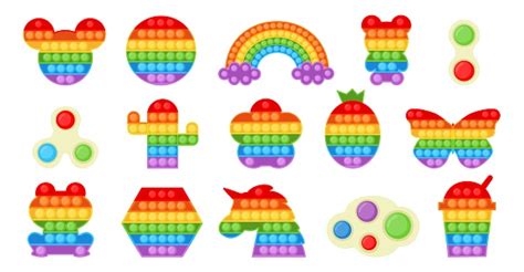 안절부절 팝 장난감 다양한 모양과 감각 실리콘 밀고 거품을 터지는 어린이를위한 다채로운 안티 스트레스 팝 중독성 게임 벡터 트렌디 한 무지개 릴리프 가제트 세트 푸쉬팝에