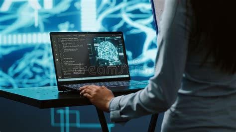Ai Computer Scientist Using Laptop For Business Data Analysis In High Tech Workspace Stock Image